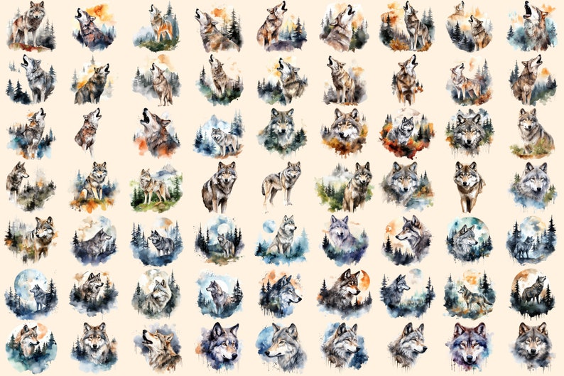 Watercolor Wolves Clipart Bundle – 415+ PNG Graphics, Commercial Use ...