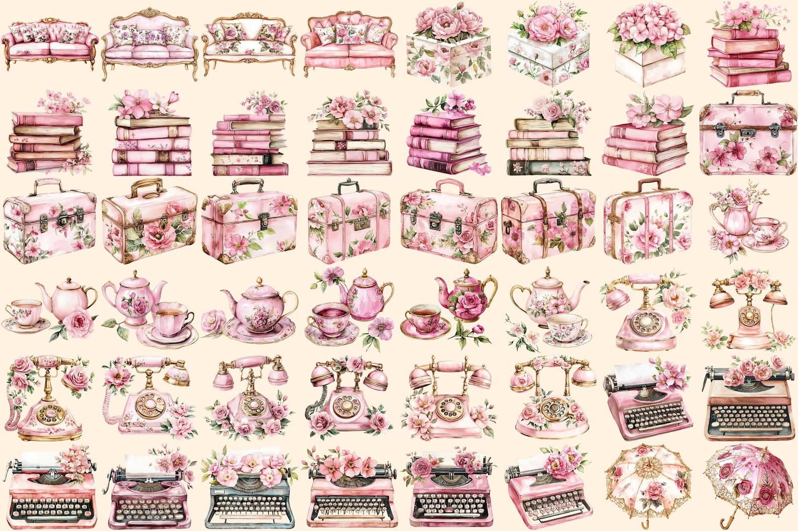 Pink Antiques Watercolor Clipart Bundle – Vintage Graphics (digital ...