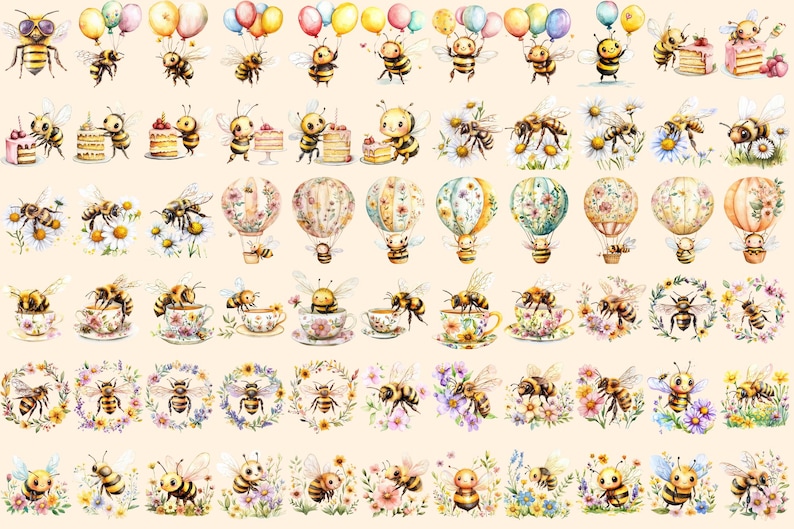 Watercolor Honey Bee Clipart Bundle – 440+ PNG Graphics (digital ...