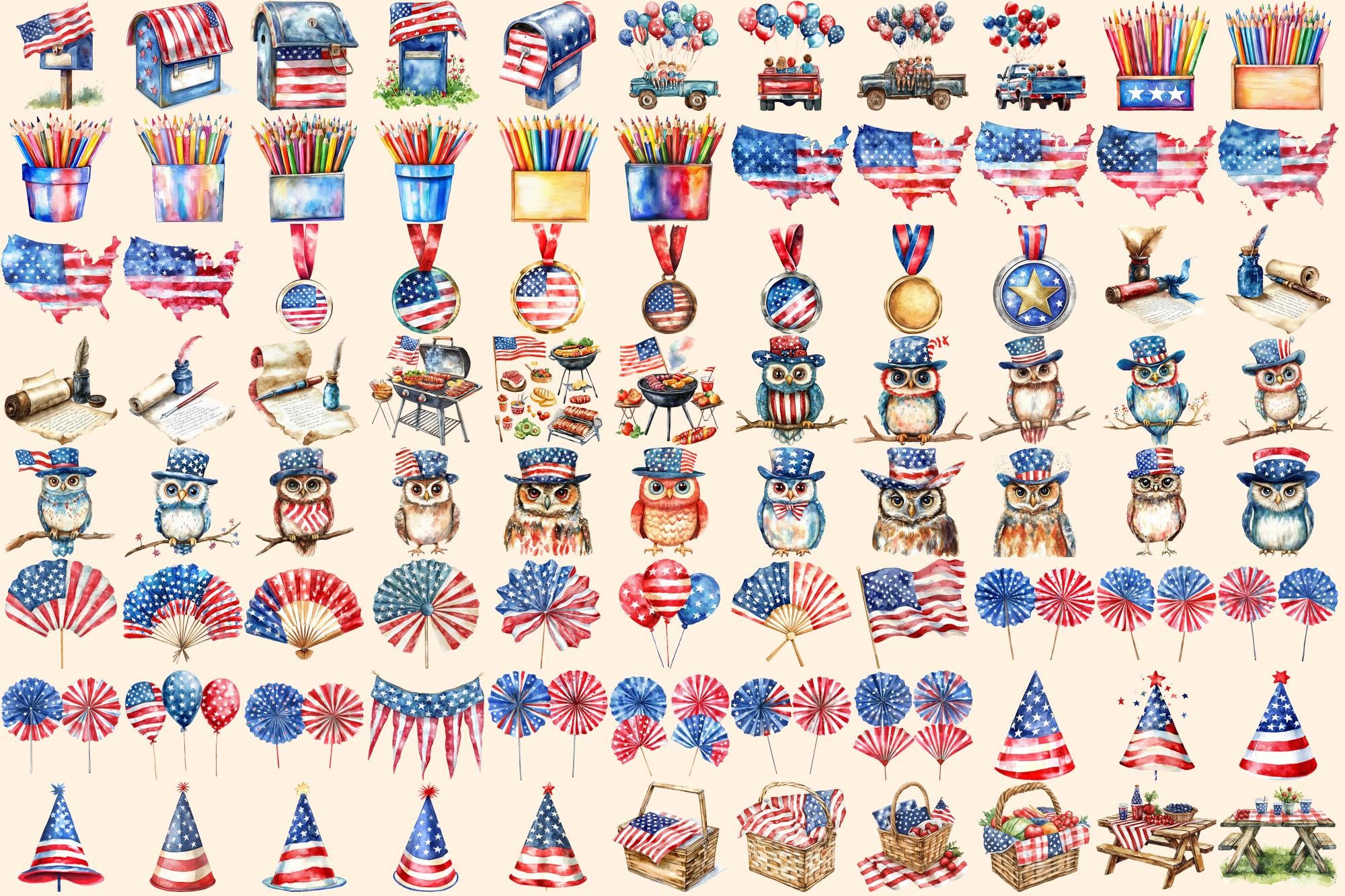 4th of July Watercolor Clipart Bundle – Patriotic PNG Graphics (digital ...