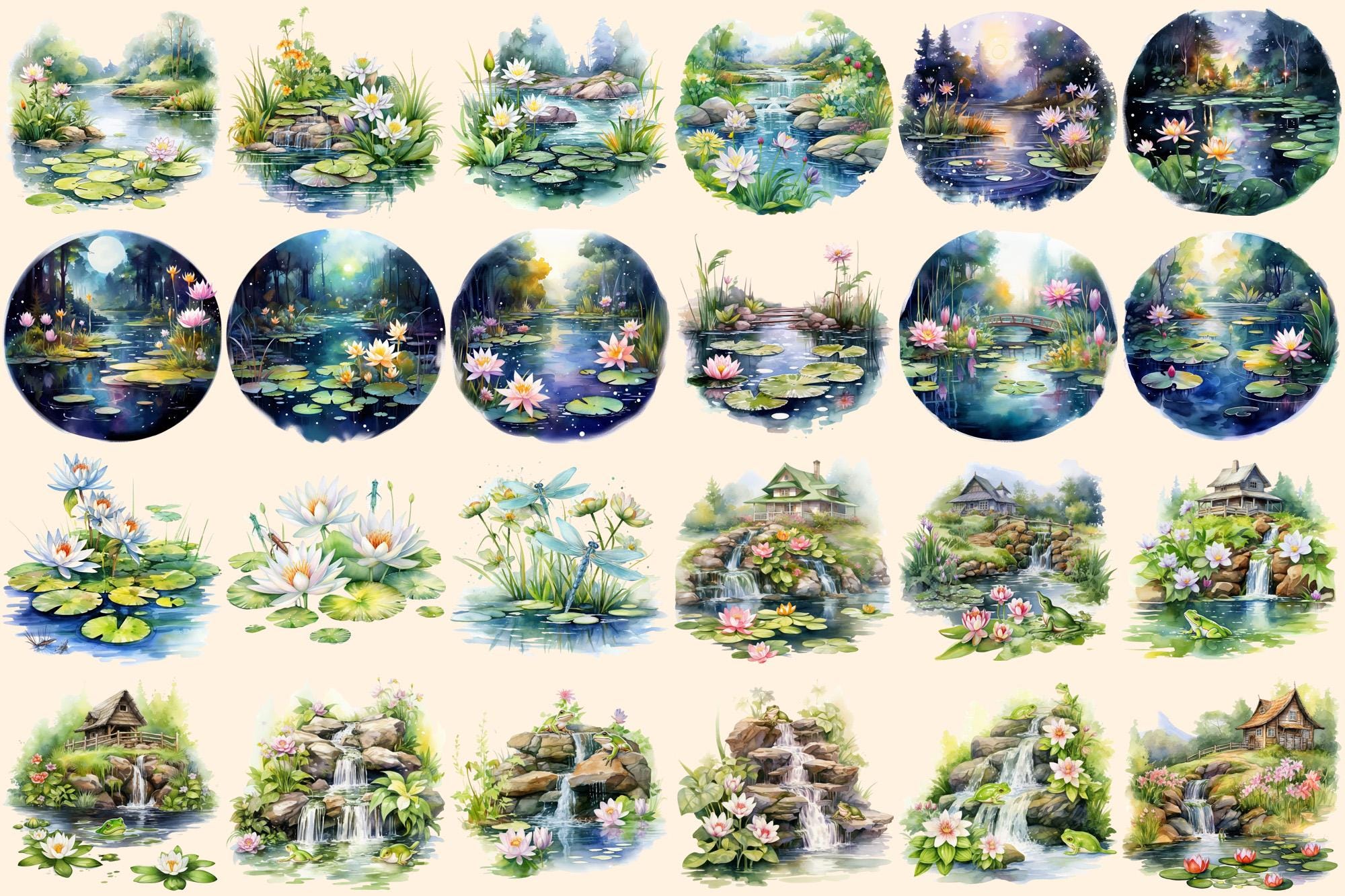 Lily Pond Watercolor Clipart Bundle – Frog Illustrations (digital ...