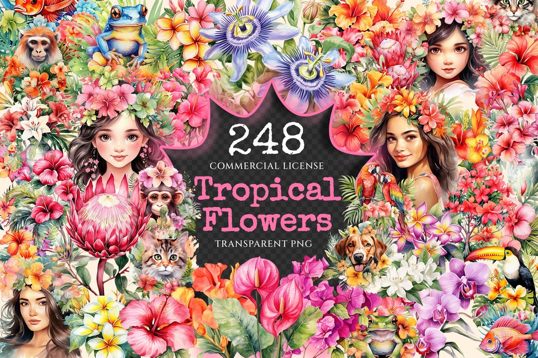 Tropical Flowers Watercolor Clipart Bundle - 245+ Transparent PNG ...