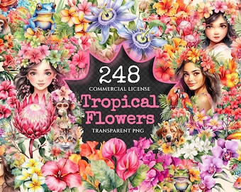 Tropical Flowers Clipart, Watercolor Flowers PNG, Digital Download - Etsy