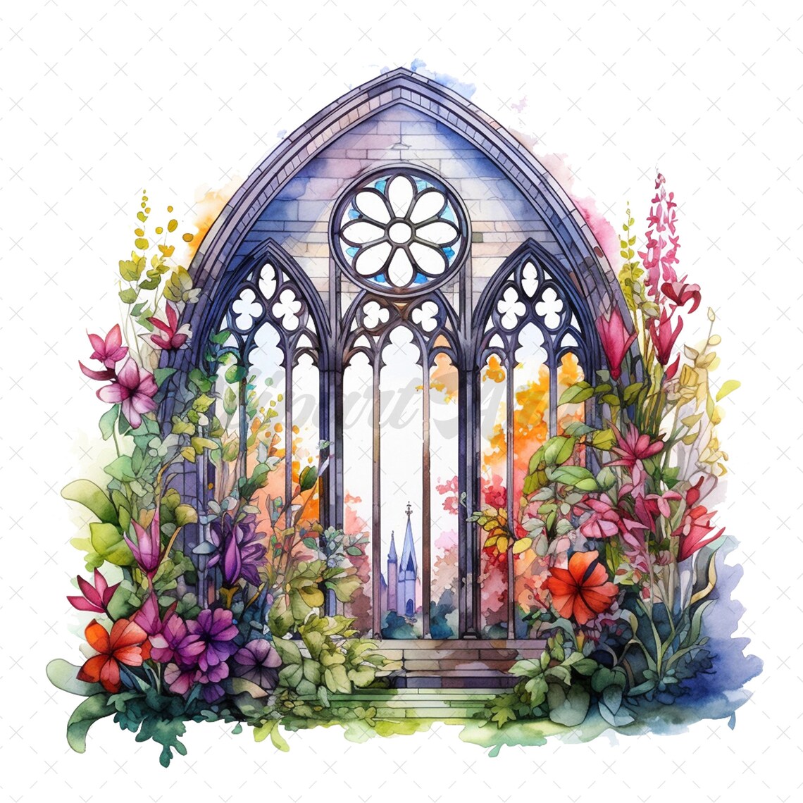 Floral Church Window Clipart – Watercolor Gothic JPG (digital Download ...