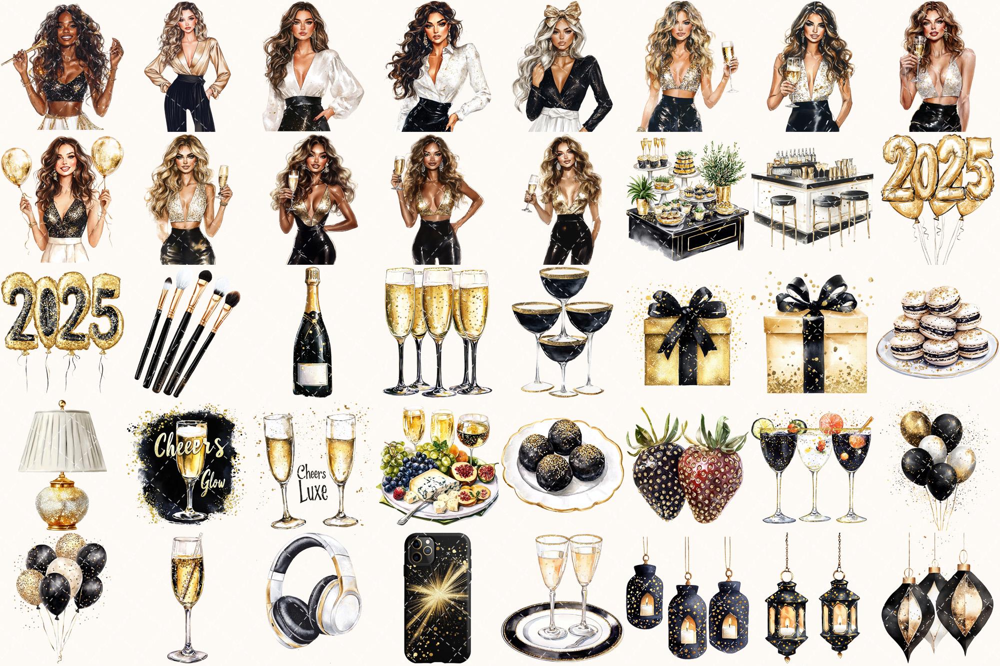 Golden New Year Watercolor Clipart Set – 255+ PNG, Commercial Use ...