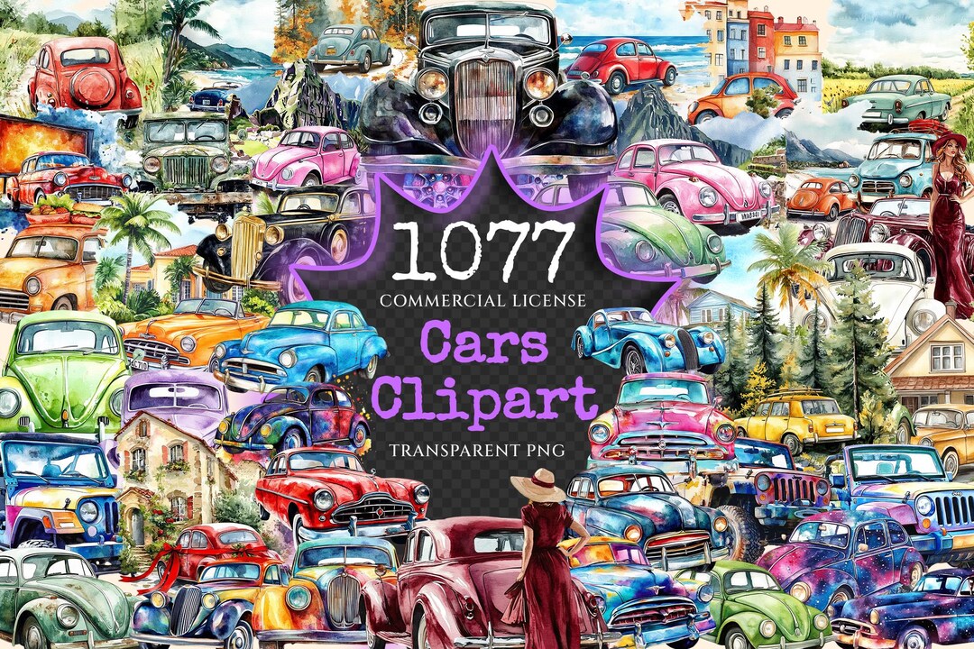 Watercolor Cars Clipart Bundle – 1072+ PNG Illustrations (digital ...