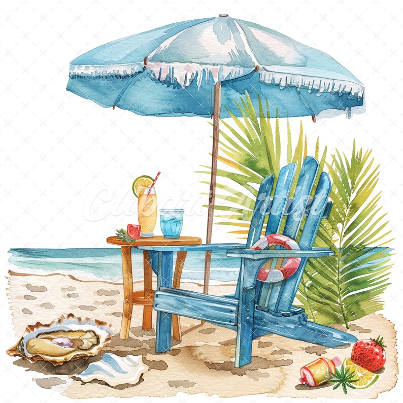20 High-quality Beach Set Clipart Beach Set Digital Watercolor JPG ...