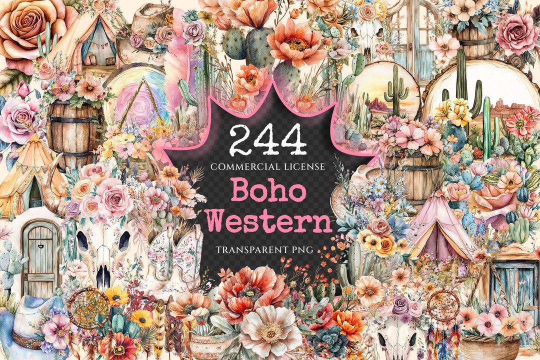 Boho Western Watercolor Clipart Bundle – 240+ PNG Graphics (digital ...