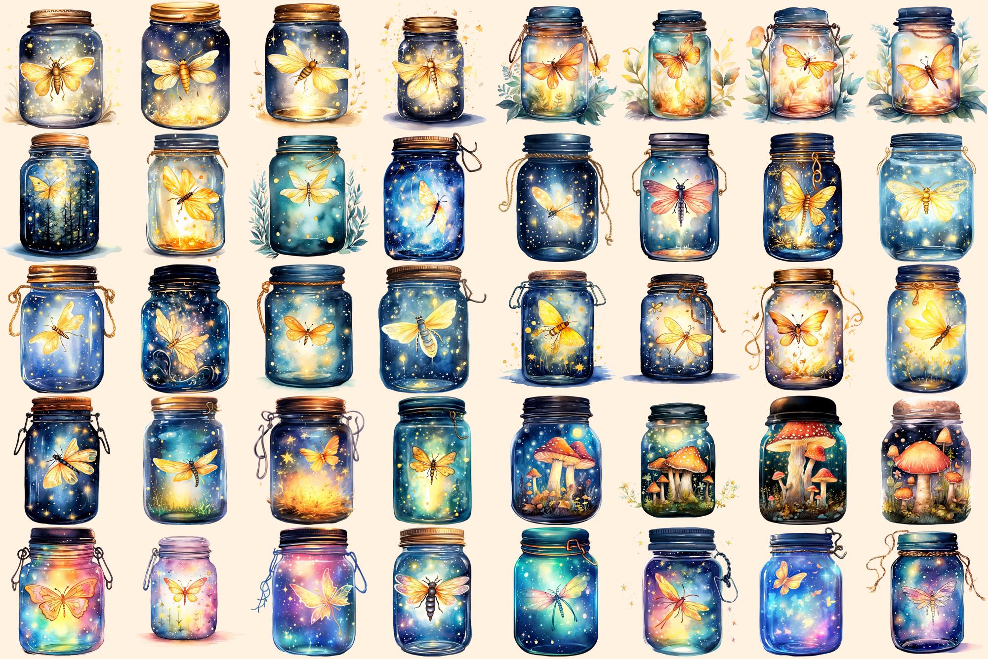 Firefly Jars Watercolor Clipart Bundle – Whimsical PNG Graphics ...
