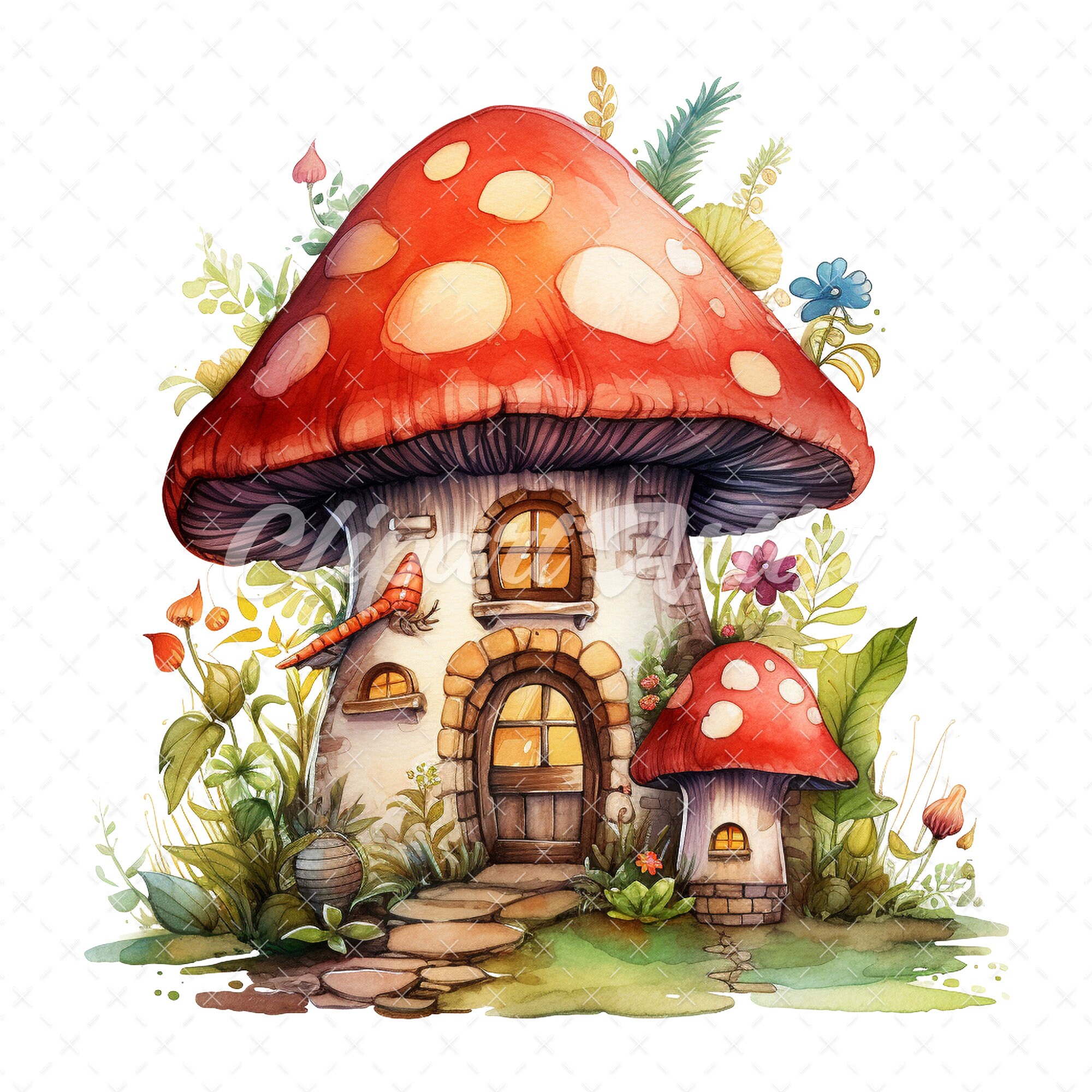Watercolor Mushroom House Clipart – Fairy Tale Cottage (digital ...