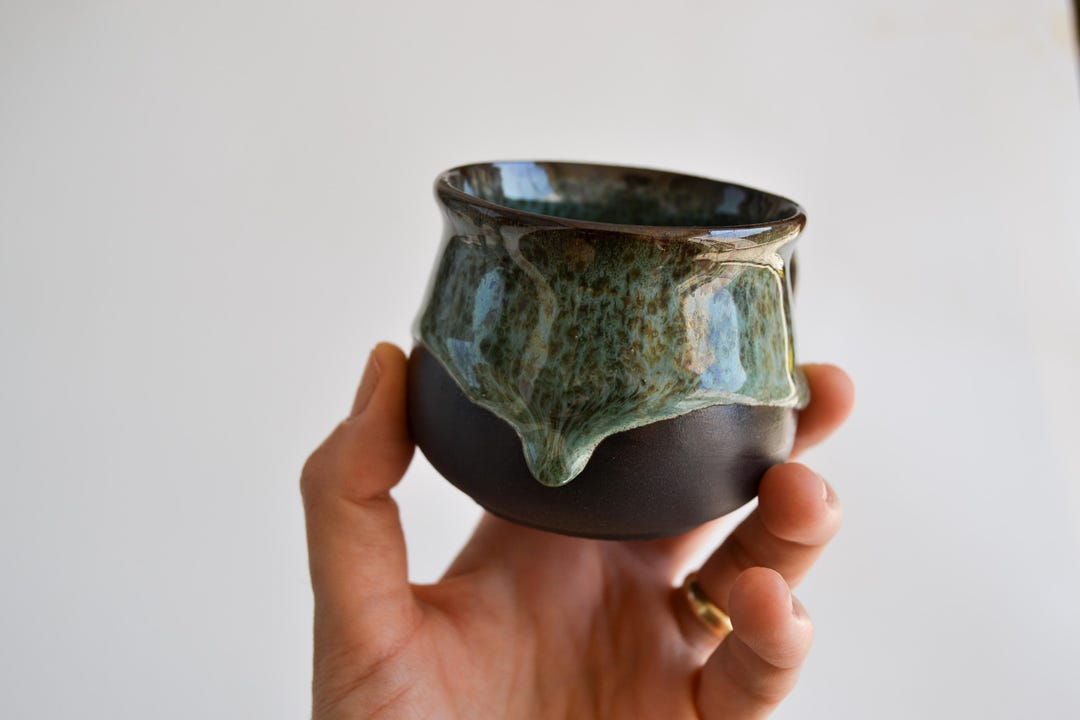 Handmade Ceramic Cauldron Mug: Black Stoneware Pottery, Green Glaze ...