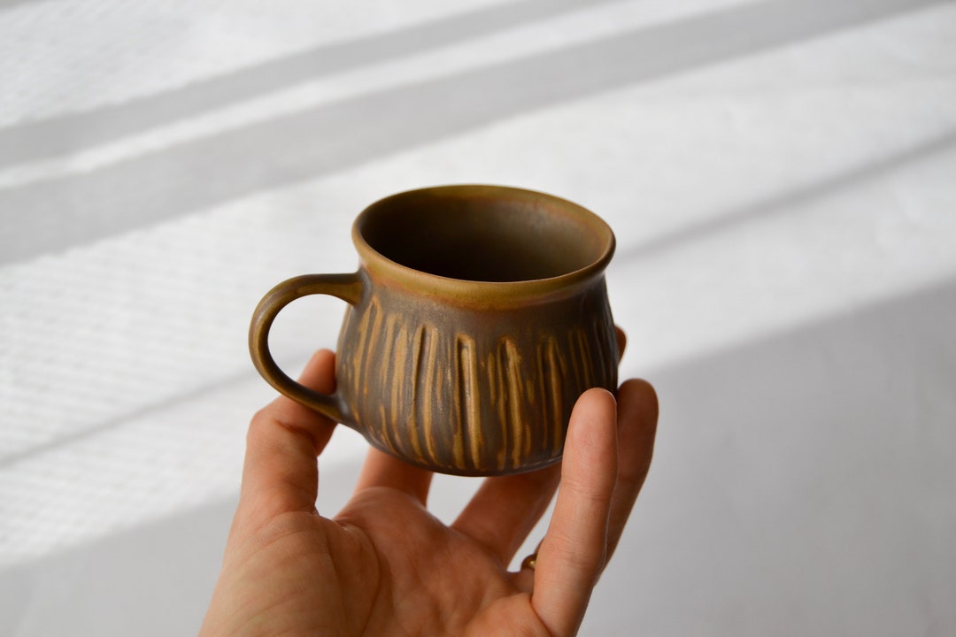 Handcrafted Stoneware Espresso Cup: Rustic Ceramic Mug With Carved ...