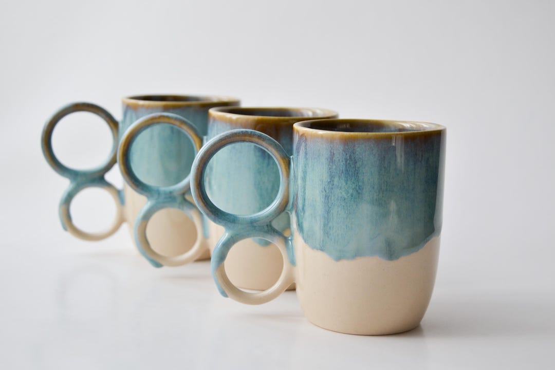 Handmade Stoneware Double Ring Handle Mug – 250 Ml (8,45 Oz) – Blue ...