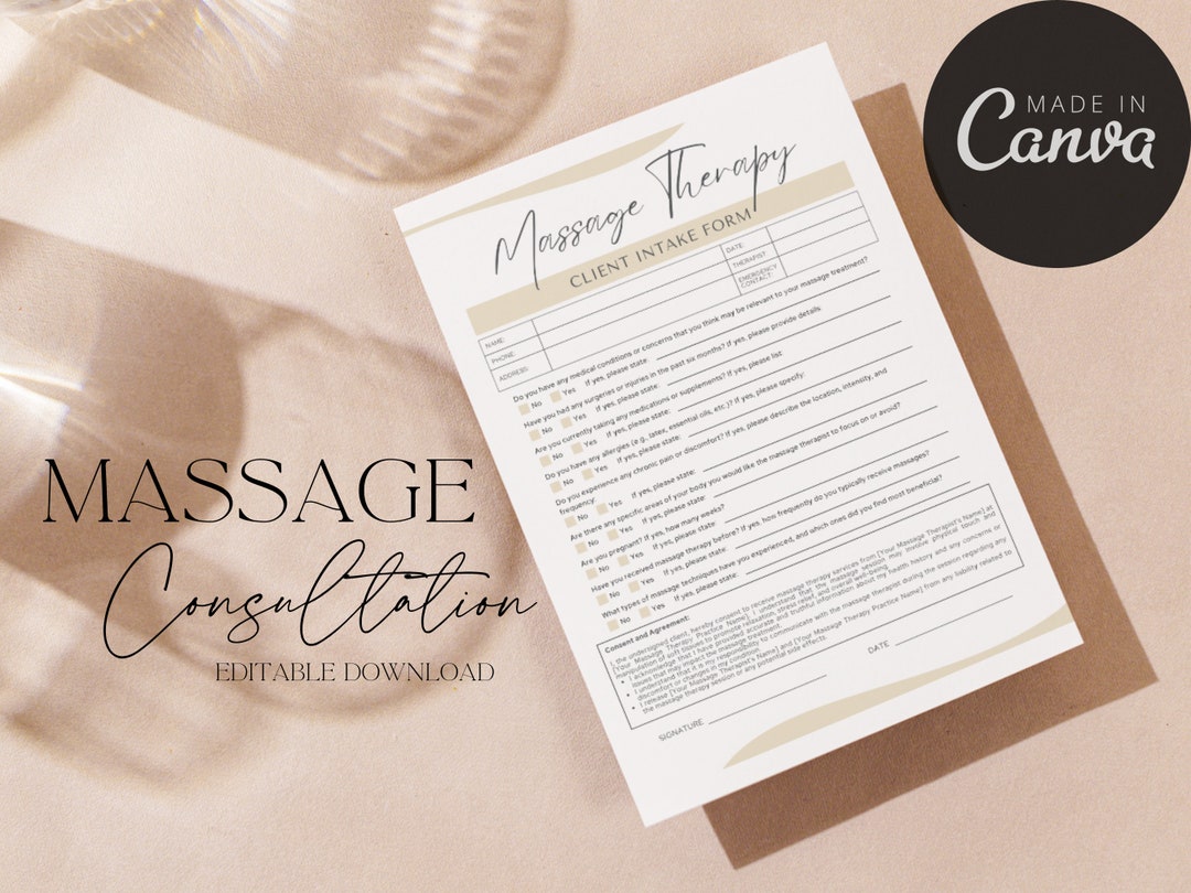 Massage Therapy Consultation Form, Client Intake Form, Massage ...