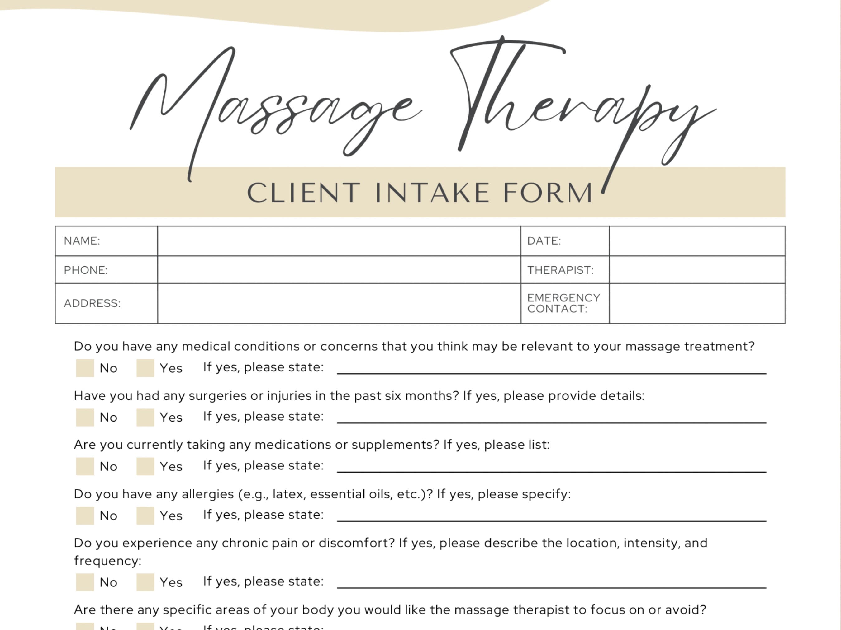 Massage Therapy Consultation Form, Client Intake Form, Massage ...