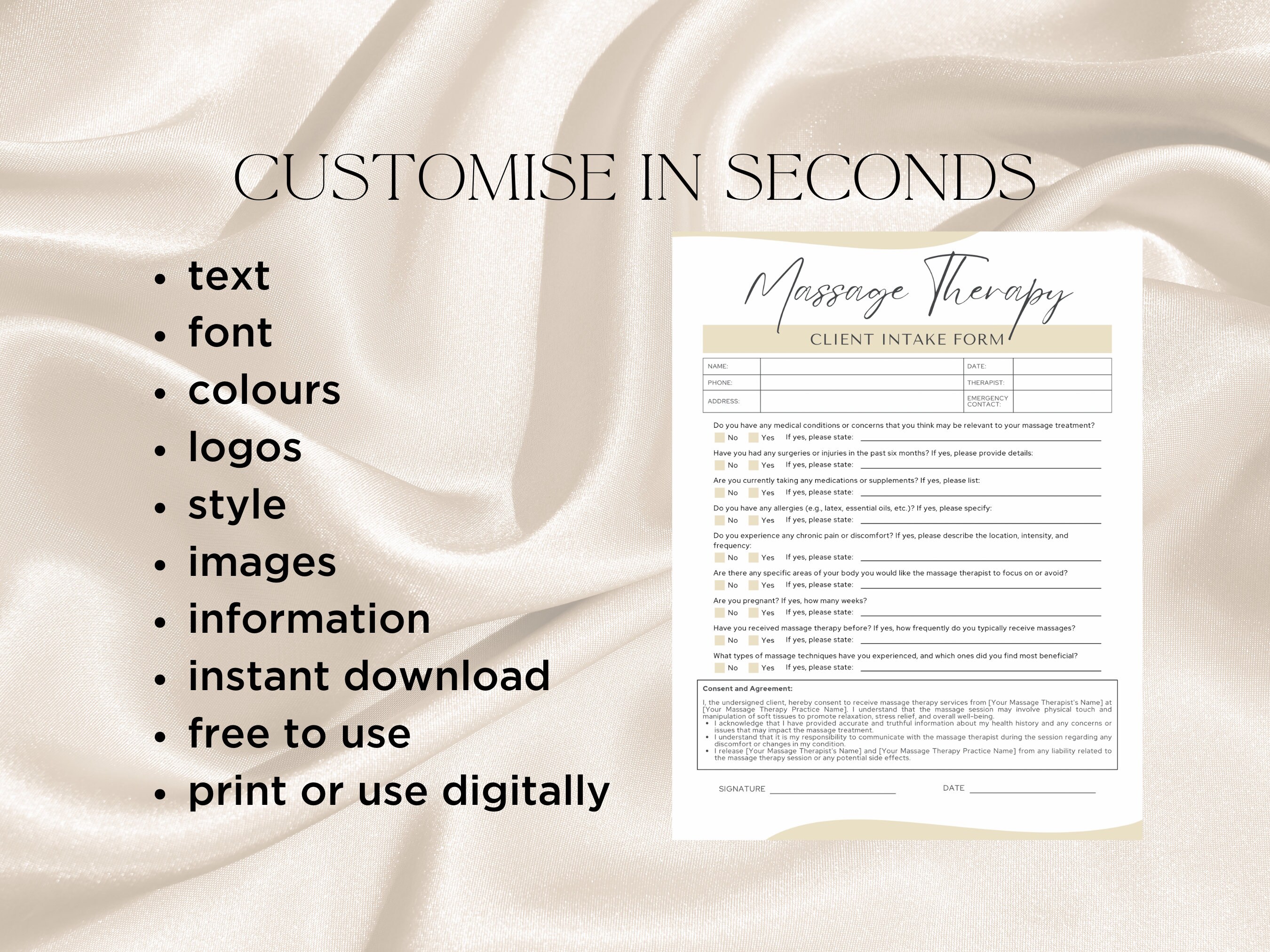 Massage Therapy Consultation Form, Client Intake Form, Massage ...