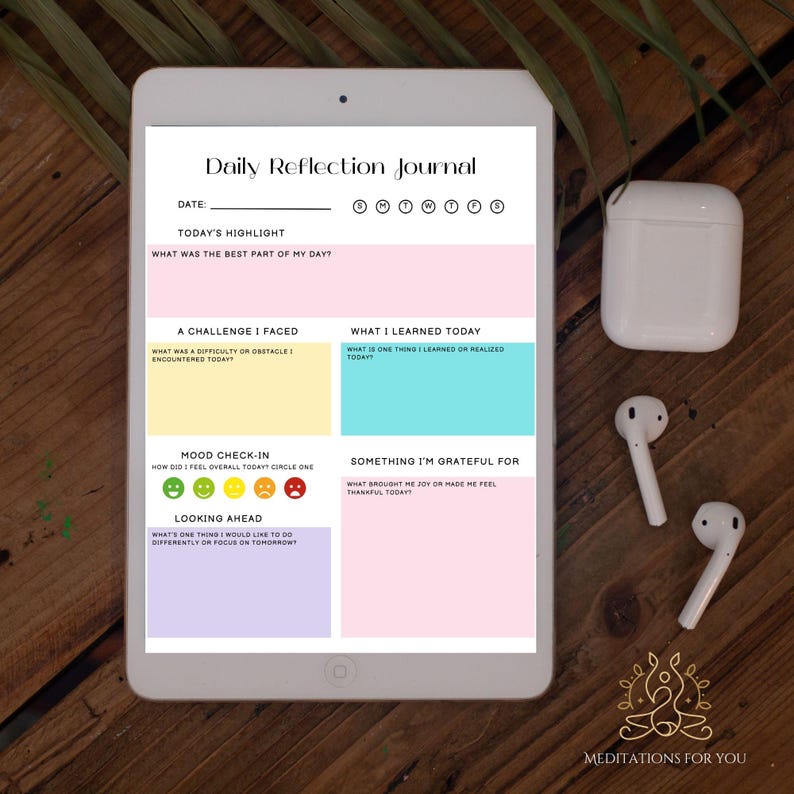 Daily Reflection Journal, Printable Gratitude Worksheet for Mindfulness ...
