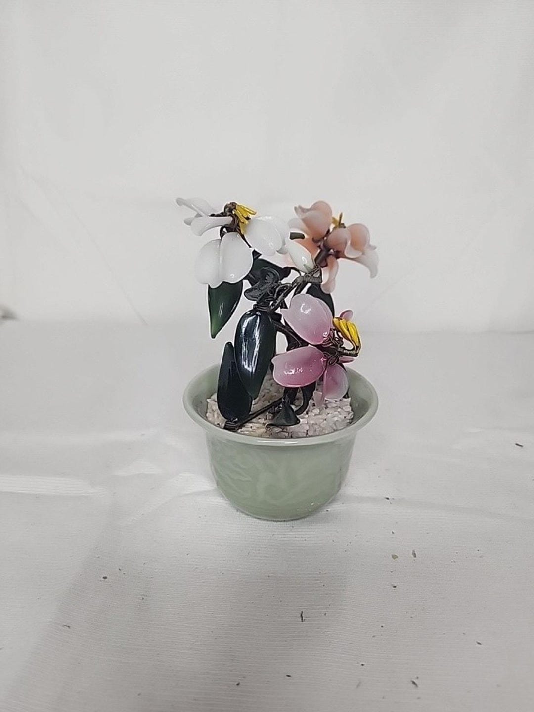 Vintage Chinese Jade Glass Bonsai Tree Asian Pink Flowers Ceramic ...