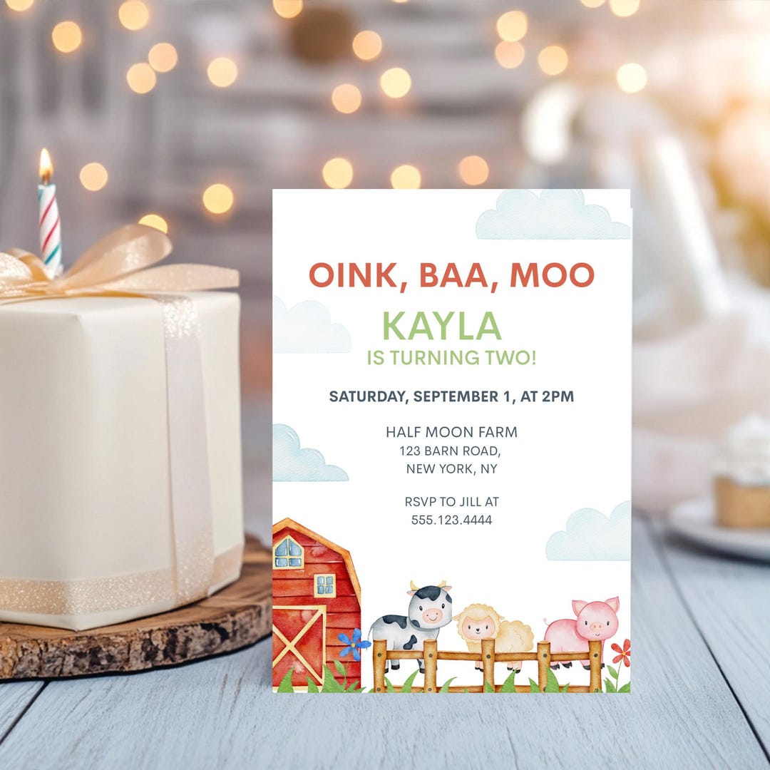 Farm Animal 2nd Birthday Invitation: Oink Baa Moo Theme (digital Download, 5x7 Canva Template ...