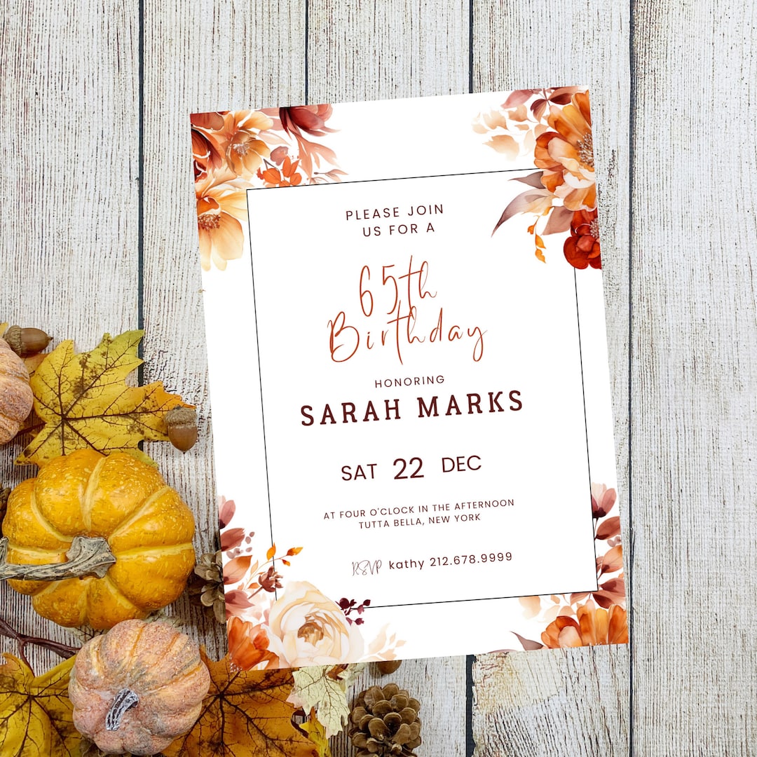 65th Fall Birthday Invitation for Women, 65th Birthday Invitation, Fall ...