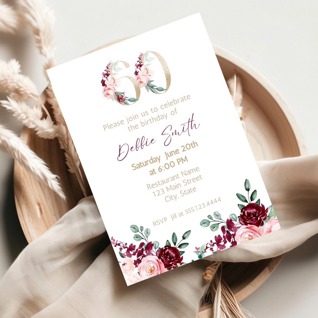 Elegant 60th Birthday Invitation for Women - Red & Pink Roses - Invite ...