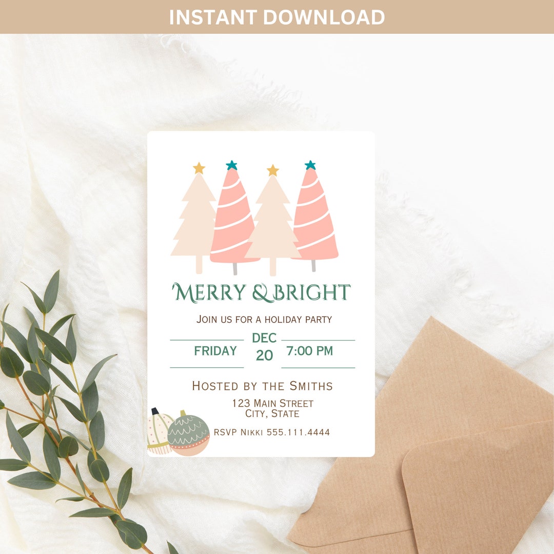 Merry & Bright Holiday Party Invitation, Pink Nordic Christmas Invite ...