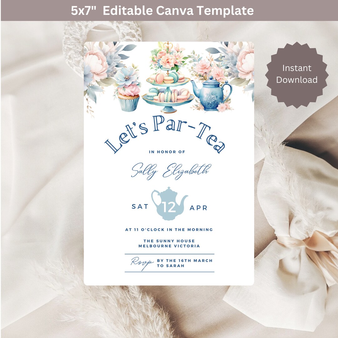 Let's Par-tea Birthday Invite, Floral Tea Party Invitation, Brunch Tea ...