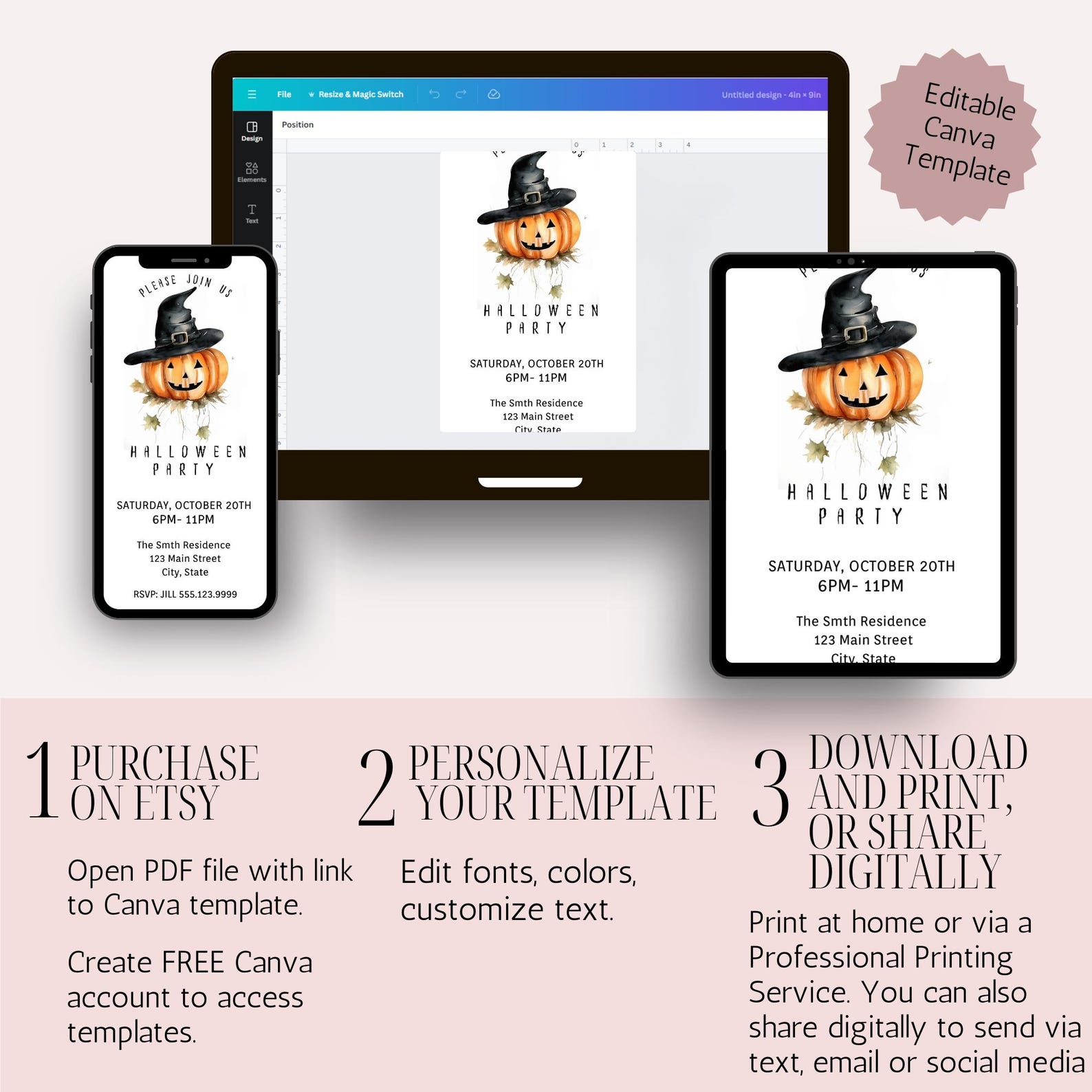 Halloween Pumpkin Evite, Orange Pumpkin With Black Witch Hat, Editable ...