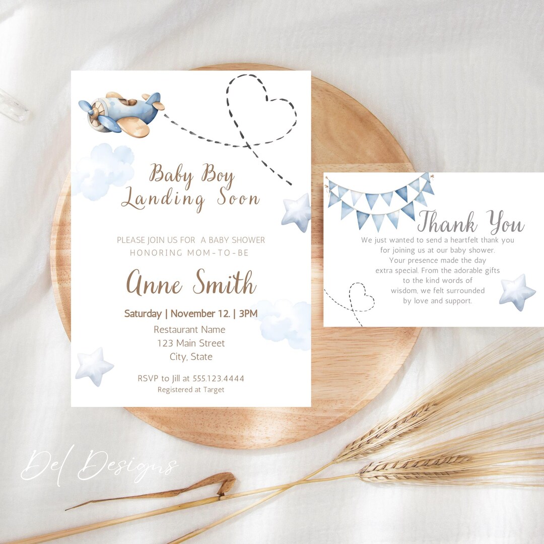 Landing Soon Baby Shower Invitation and Thank You | Editable Canva ...