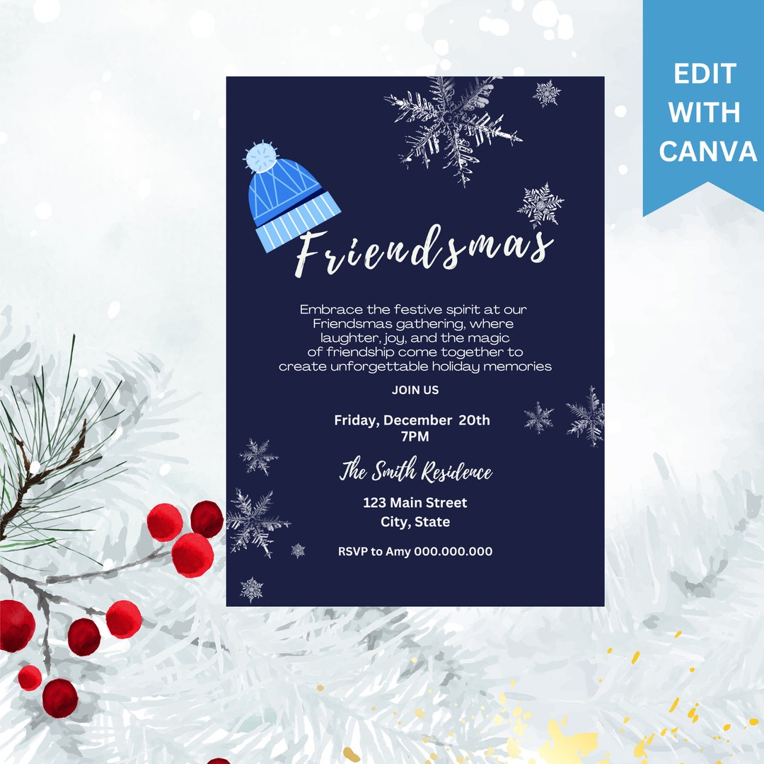 Friendsmas Gathering Invite, Blue Christmas Invitation, Snowflake ...