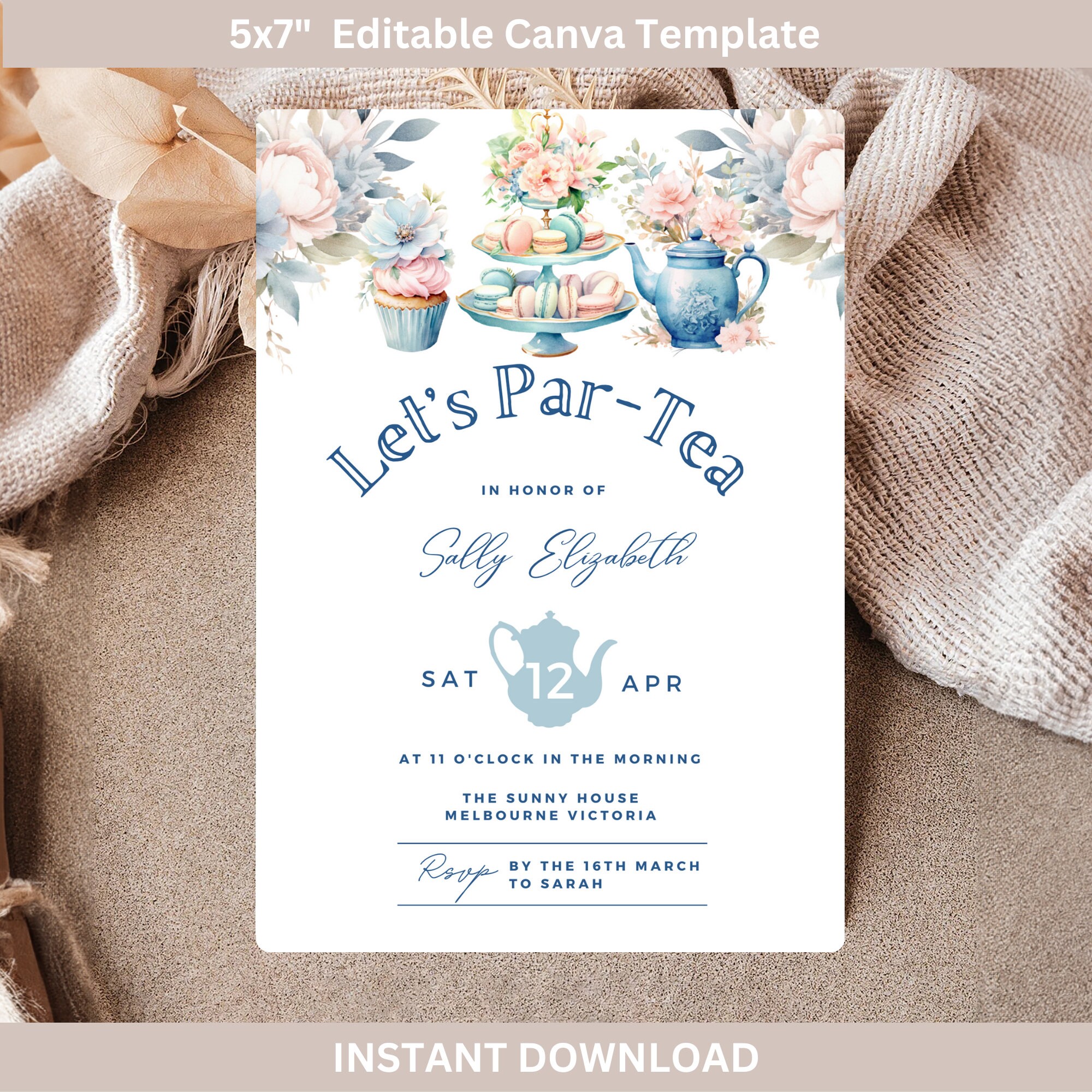 Let's Par-tea Birthday Invite, Floral Tea Party Invitation, Brunch Tea ...