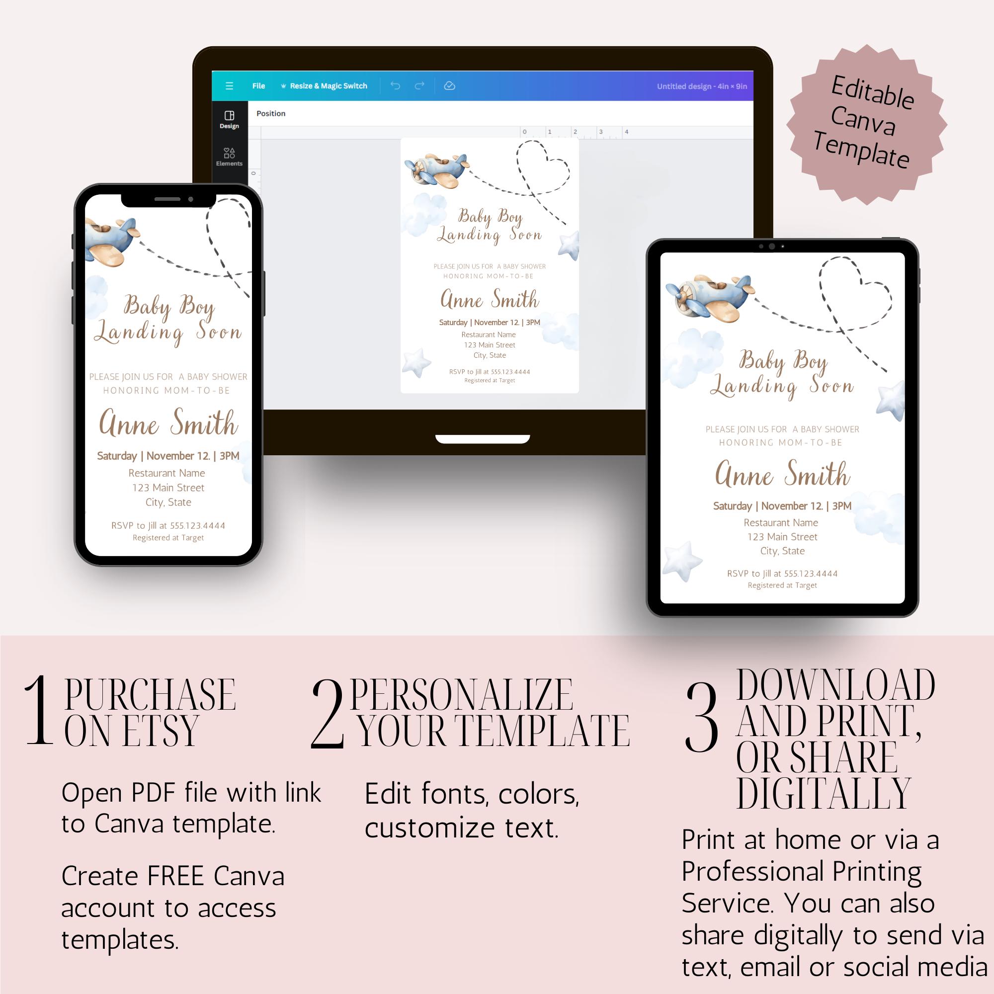 Landing Soon Baby Shower Invitation - Adventure Themed - Editable ...