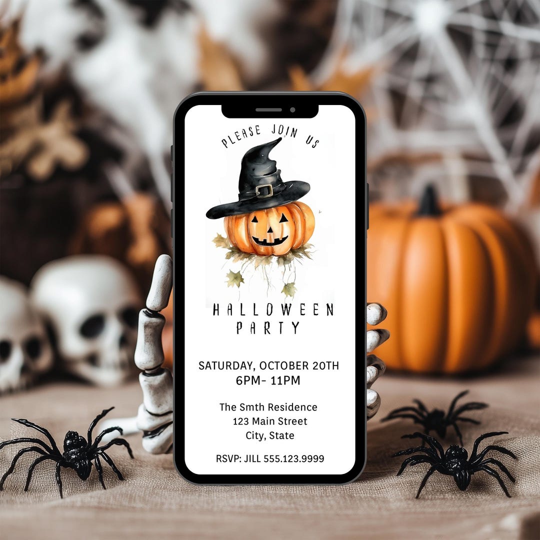 Halloween Pumpkin Evite, Orange Pumpkin With Black Witch Hat, Editable ...