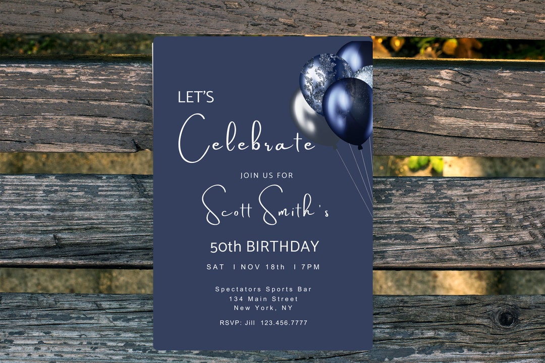 Balloon Birthday Invite, Blue Birthday Invitation, Editable Template ...