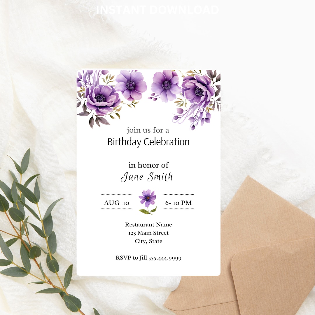 Lavender Flowers Editable Birthday Invitation, Purple Floral Watercolor ...