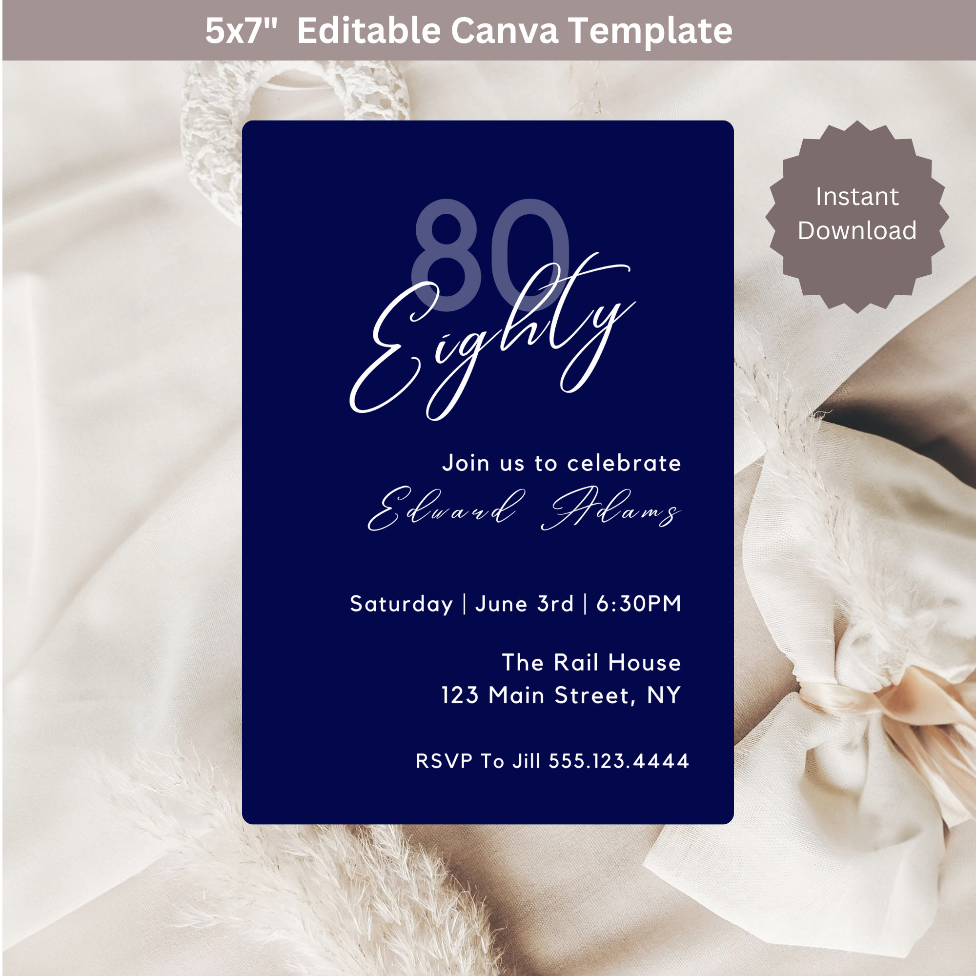 80th Birthday Navy Invitation for Men, 80th Invite Card, 80th Birthday ...