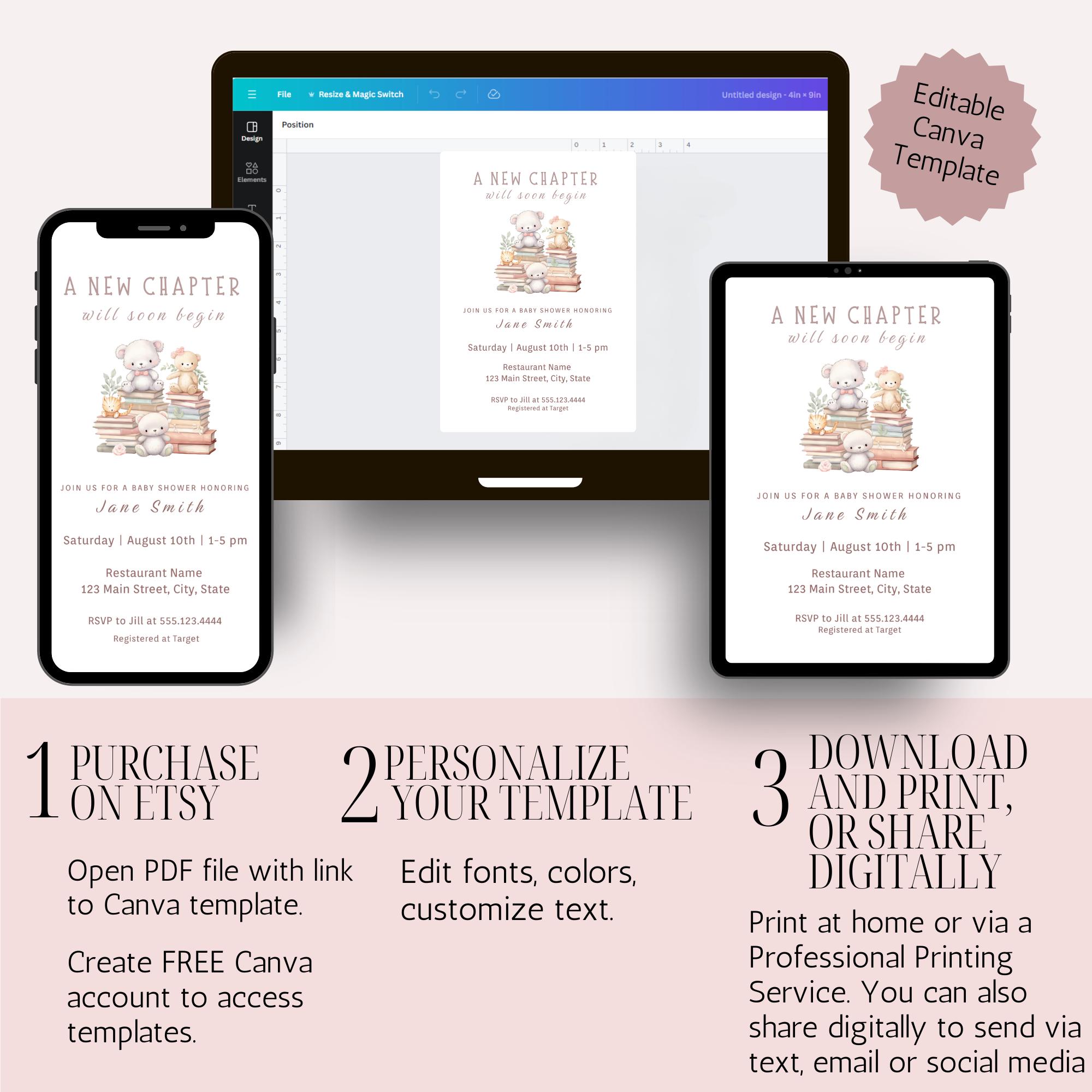 A New Chapter Will Soon Begin Baby Shower Evite, Editable Storybook ...