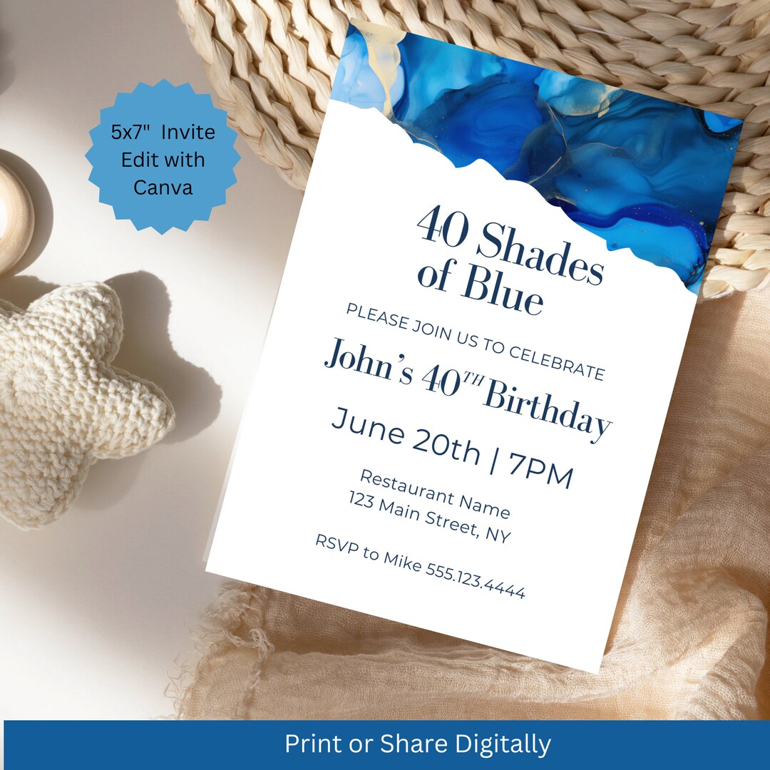 40 Shades of Blue Birthday Invite, 40th Birthday Dinner, Shades of Blue ...