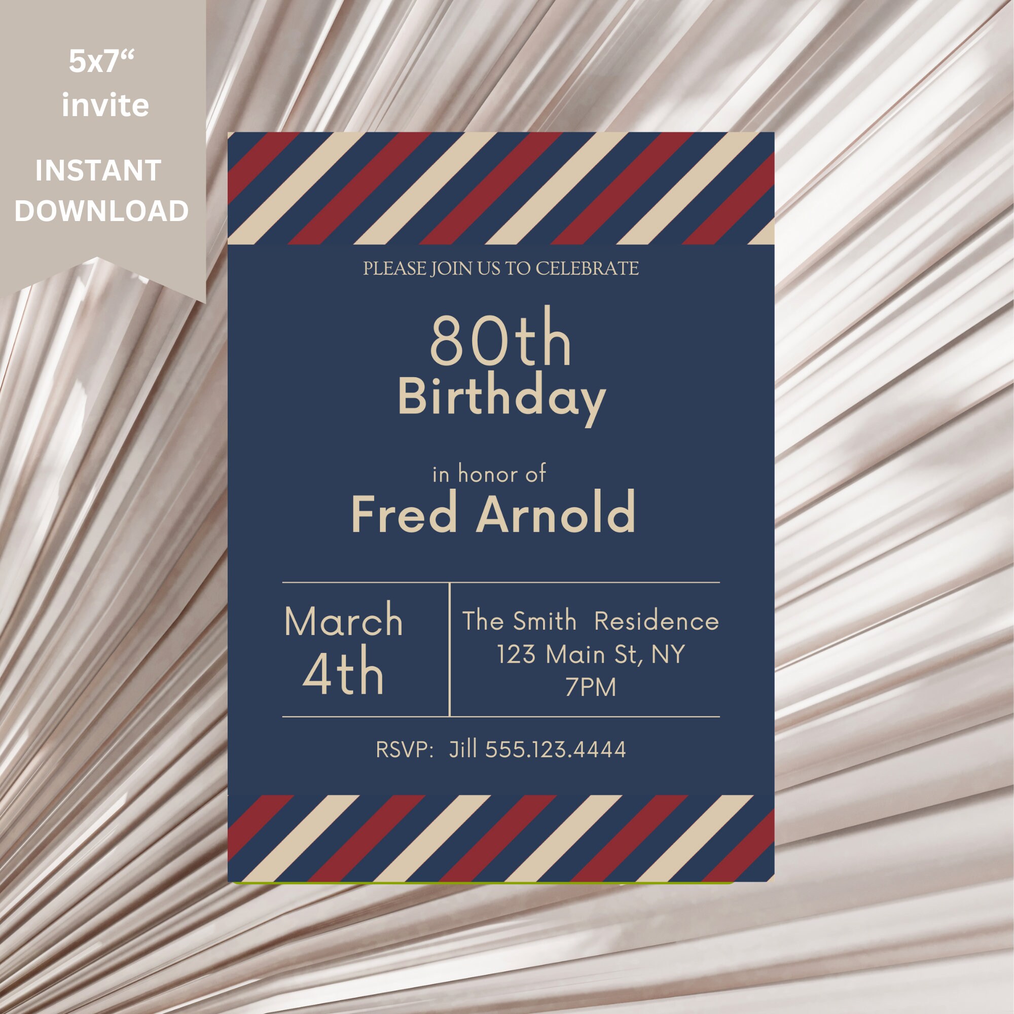 80th Birthday Invite, Stripes Invite, Male Birthday Invite, Red White ...