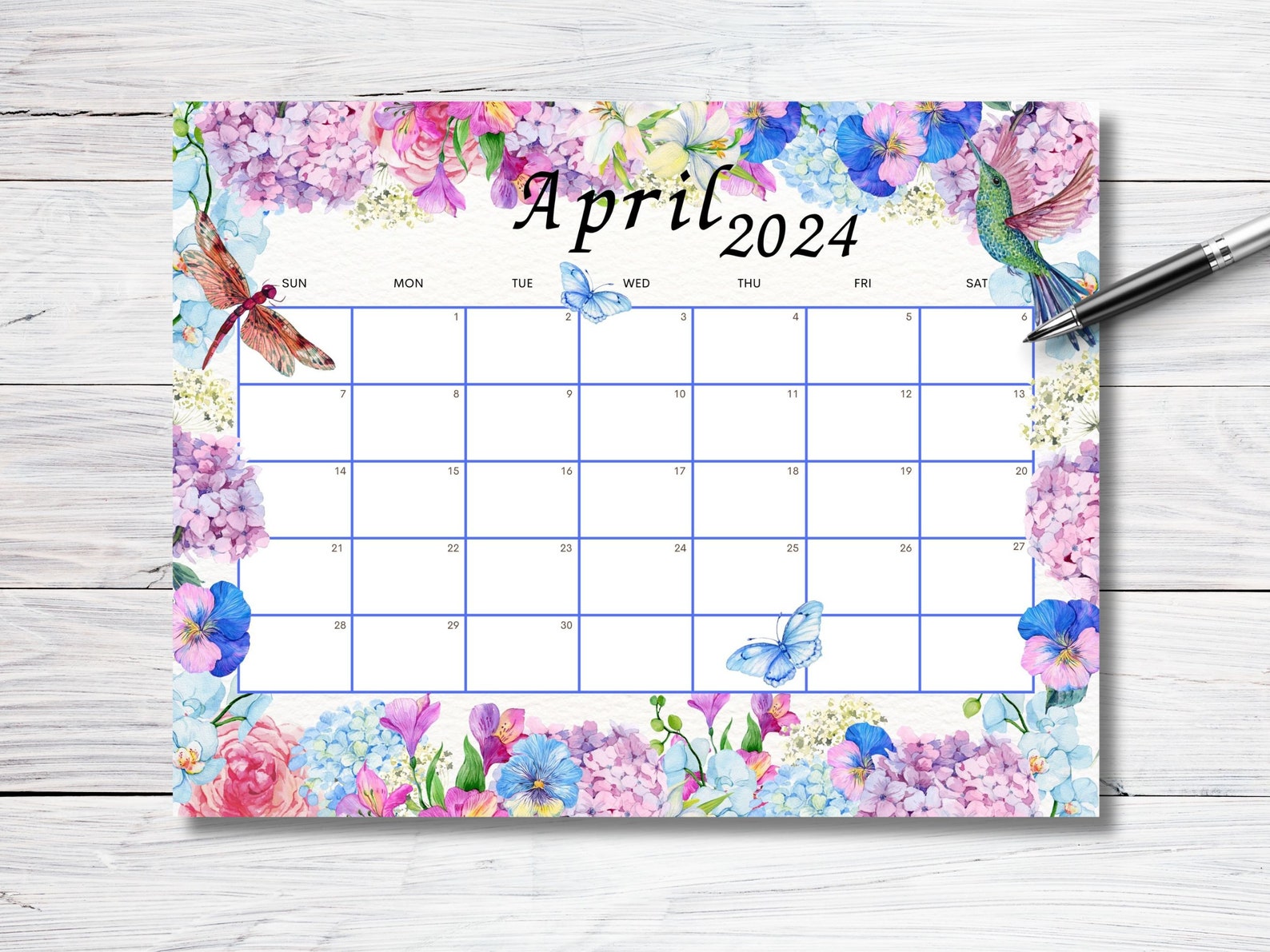 EDITABLE April 2024 Calendar, Beautiful Spring Wall Calendar, 2024 ...