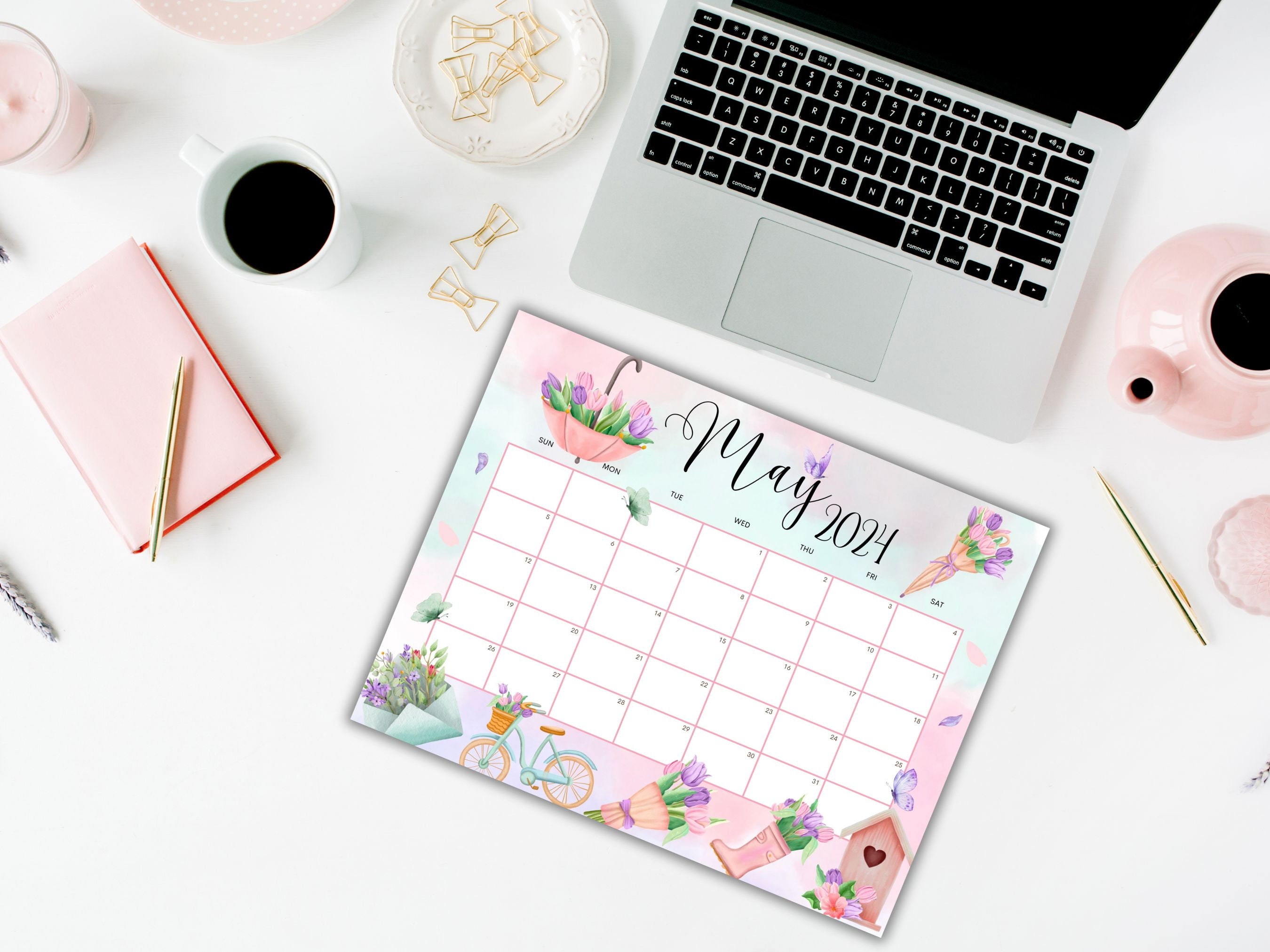 EDITABLE May 2024 Calendar, Watercolor Garden Spring Vibe, Mother's Day ...