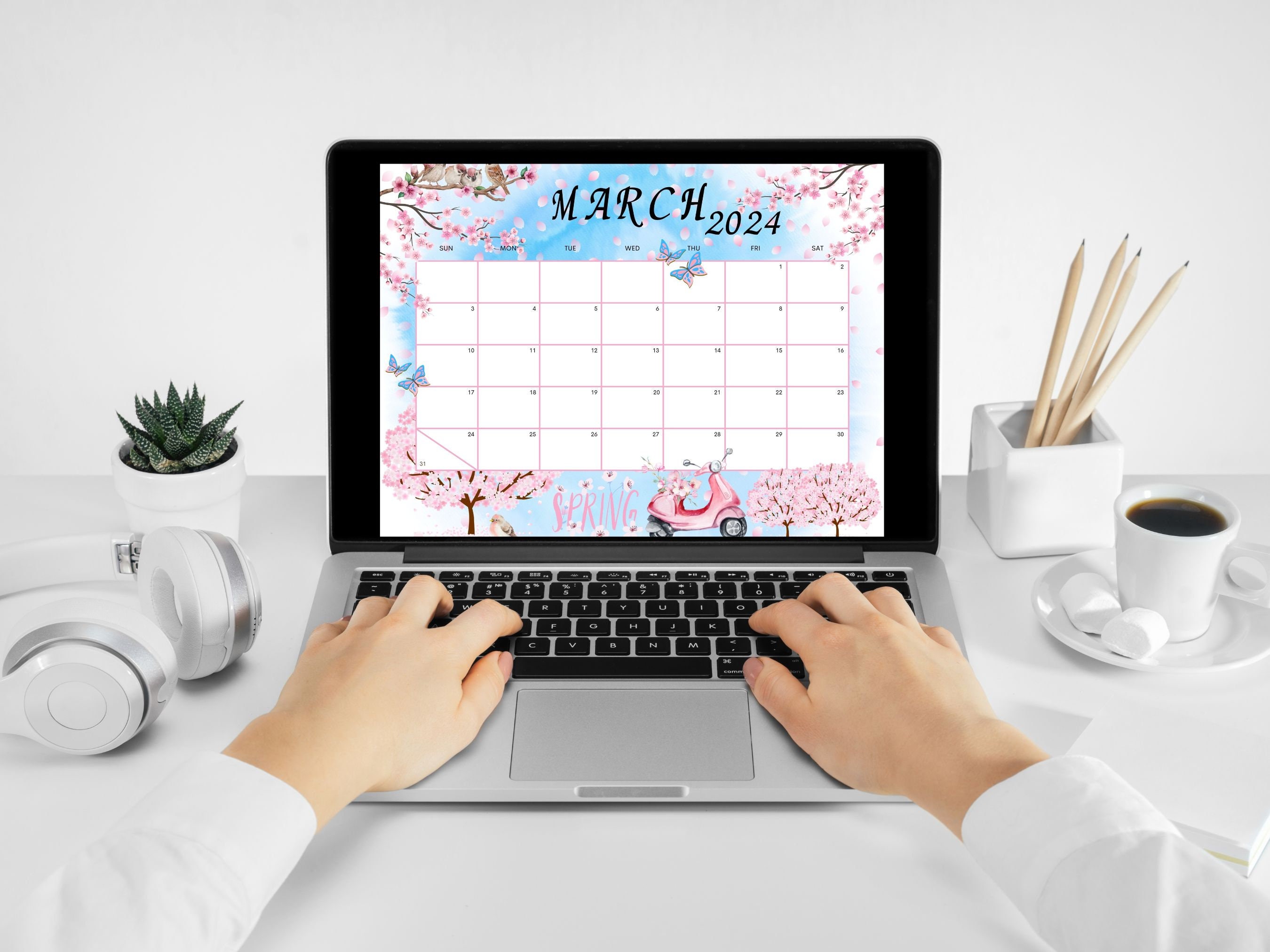 EDITABLE March 2024 Calendar, Beautiful Spring W/ Cherry Blossom, St ...