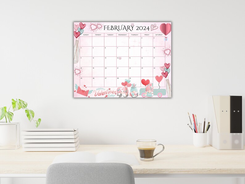 EDITABLE February 2024 Calendar, Sweet Valentine 2024 With Cute Gnomes ...