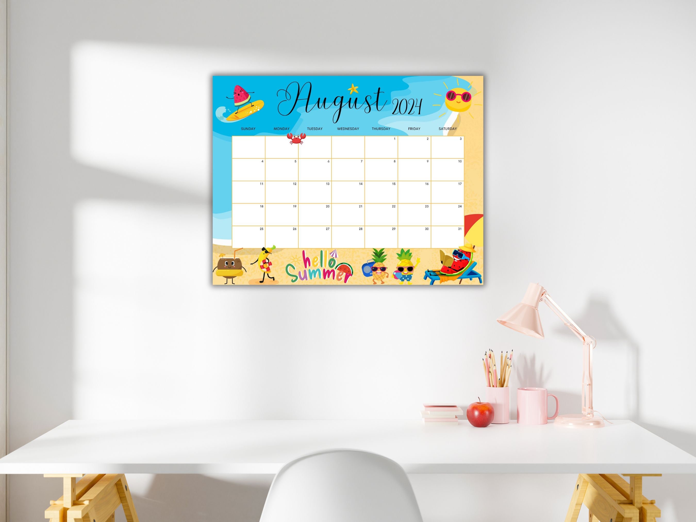 EDITABLE August 2024 Calendar, Relaxing Summer at the Beach With Summer ...
