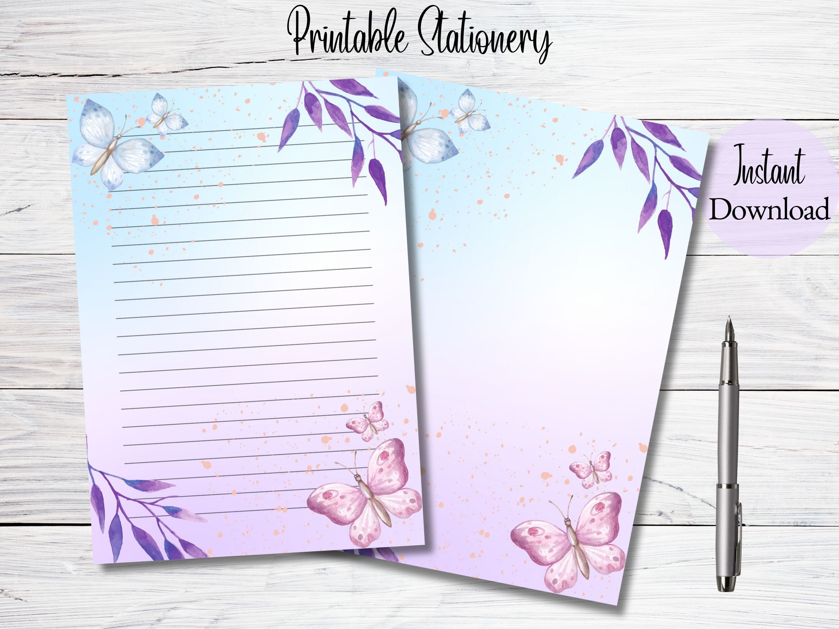 Purple Butterfly Printable Stationery, Leaf Writing Paper ,wildlife ...