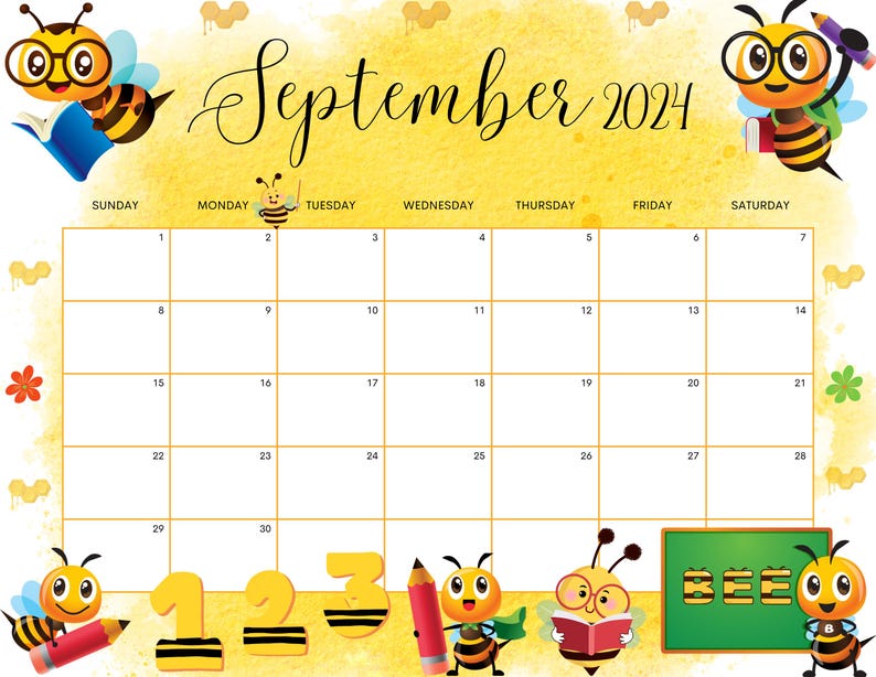 EDITABLE September 2024 Calendar, Back to School Planner With Cute Bees ...
