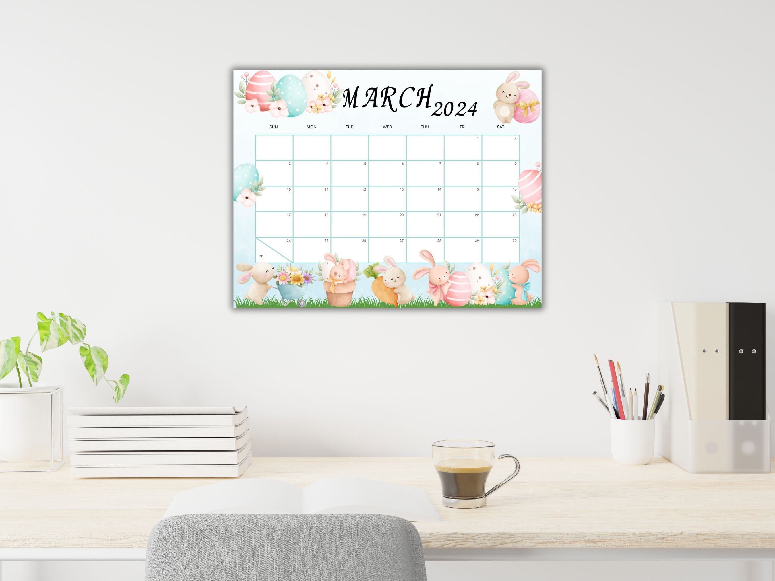 Editable March 2024 Calendar With an Easter Background, Happy Easter ...