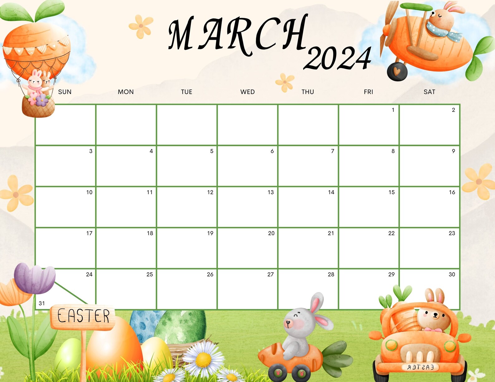 Editable March 2024 Calendar With an Easter Background, Happy Easter ...
