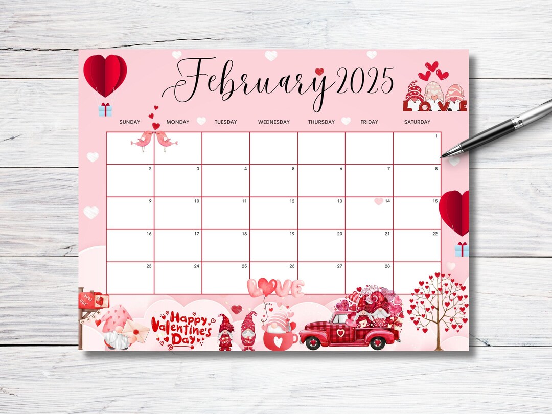 EDITABLE February 2025 Calendar, Sweet Valentine 2025 With Cute Gnomes ...