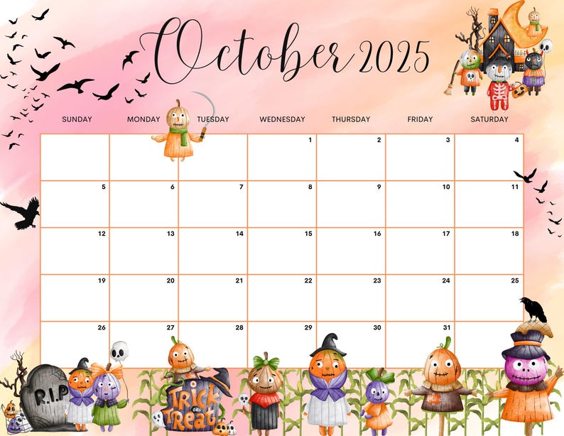 October 2025 Halloween Calendar: Spooky Scarecrows, Kids Planner ...
